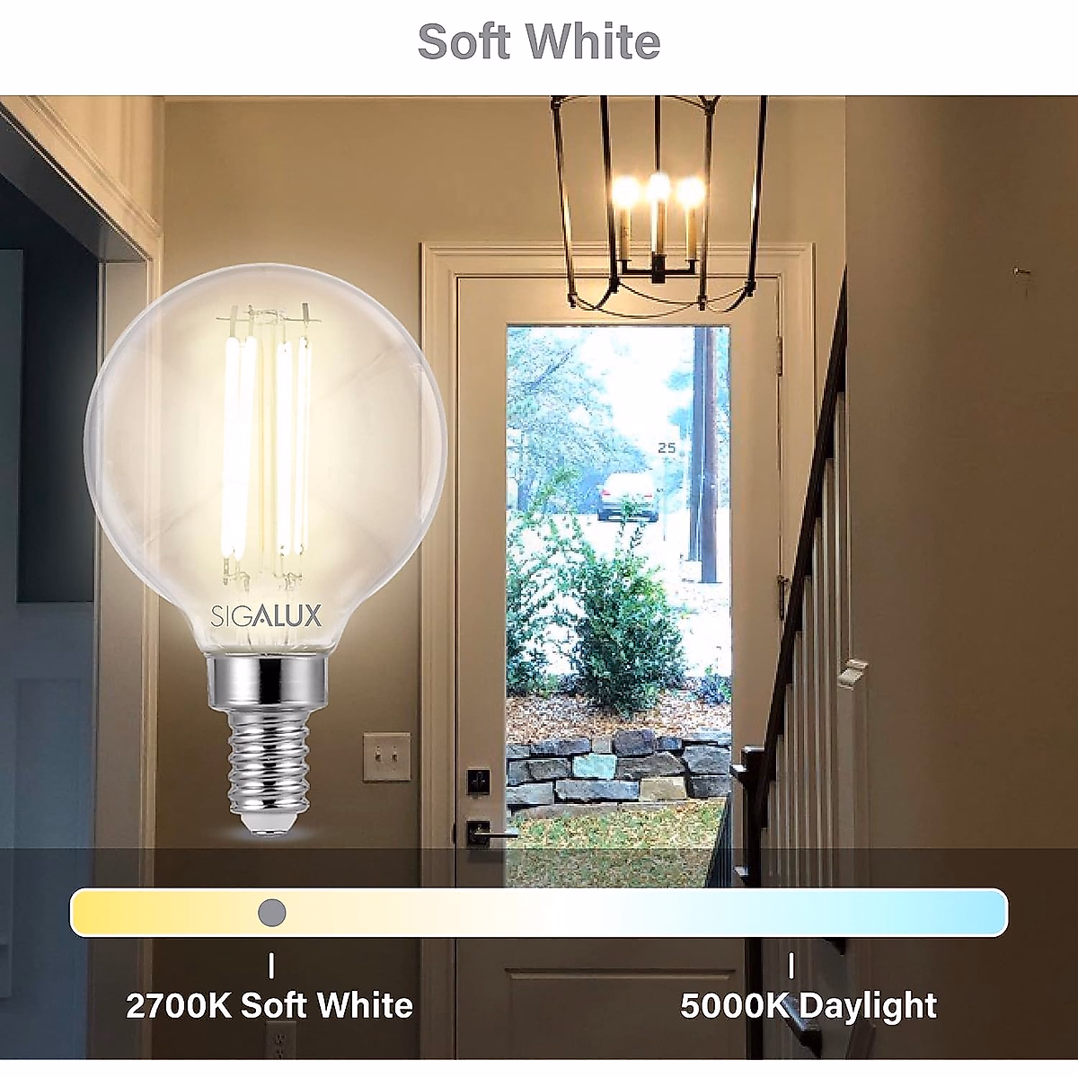 Sigalux G16.5 60W LED Light Bulb, 6 Pack, Dimmable, E12 Base, 2700K Warm White, for Chandeliers, Ceiling Fan, Pendant, 500 Lumens