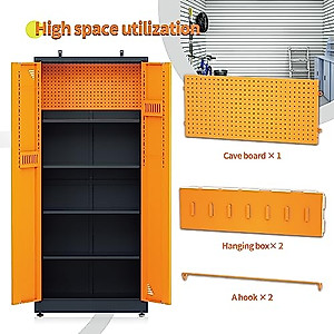VCGGAIP Metal Storage Cabinet - Garage Storage Cabinet with 2 Doors and 4 Adjustable Shelves,Steel Lockable Garage Cabinets for Office,Home,Garage (Dark Gray and Orange, 71 Inch)