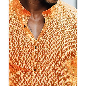 Men's Athletic Dress Shirts Casual Regular Fit Printed Short Sleeve Muscle Button Down Shirts Orange 3XL