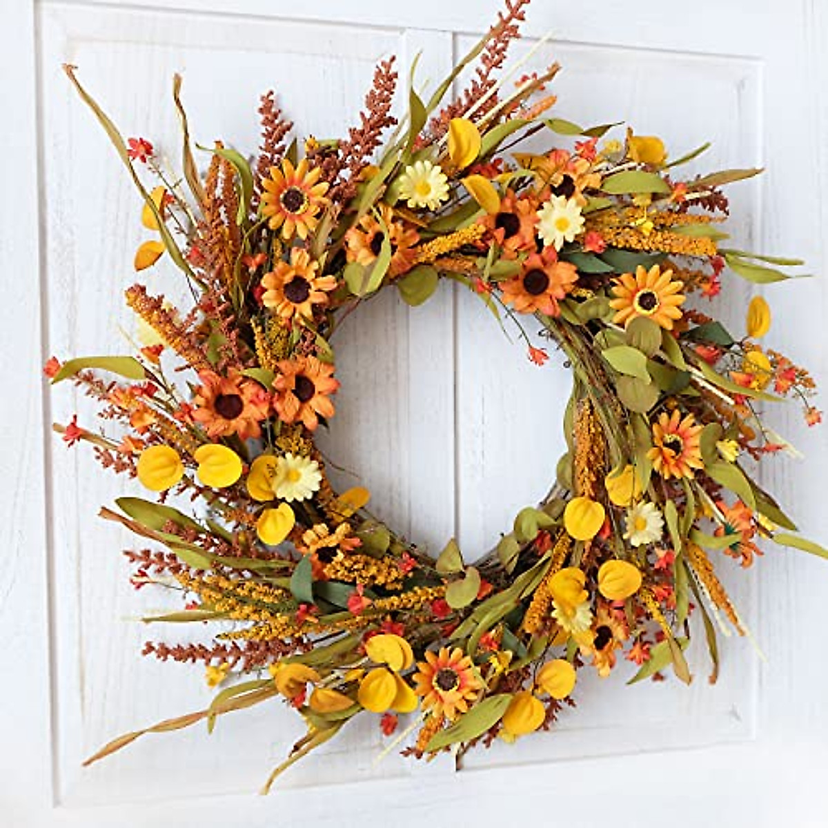 idyllic 20 Inches Harvest Wreath, Yellow and Orange Daisies Flowers, Ear of Wheat, Green and Spring Leaves Wreath for Front Door