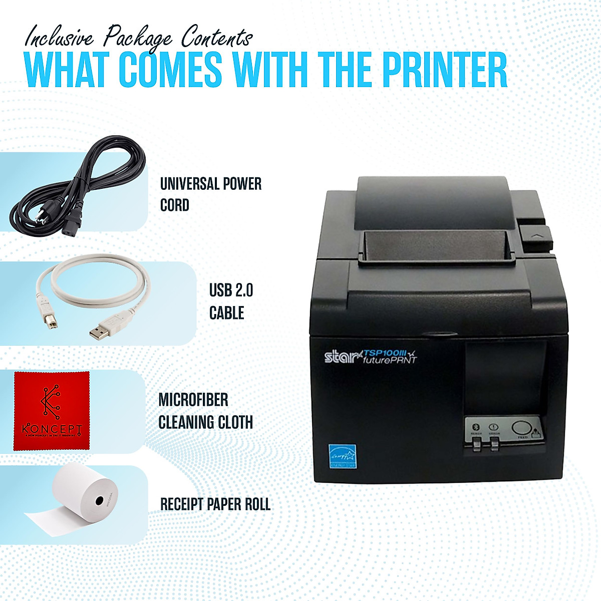 TSP143IIIU USB ONLY - NOT Bluetooth - Star Micronics Thermal Receipt Printer Bundle - 1 Year Warranty - with USB 2.0 Cable, Universal Power Cord and Microfiber Cleaning Cloth - TSP100iii-USB (Renewed)