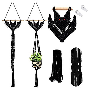 Peryiter 2 Pcs Halloween Bat Macrame Plant Hanger Black Gothic Hanging Plant Holder Decorative Witchy Plant Hanging Basket Hanging Macrame Plant Holder for Flower Pot Wall Party Home Decor 39 x 12 in