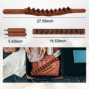 Wood Therapy Guasha Wood Stick Massage Tools, Lymphatic Drainage Massage Stick, Stomach Cellulite Massager, Myofascial Release Tool, Ease Pain Self Body Sculpting, Mountable Handle Double Row 20 Beads