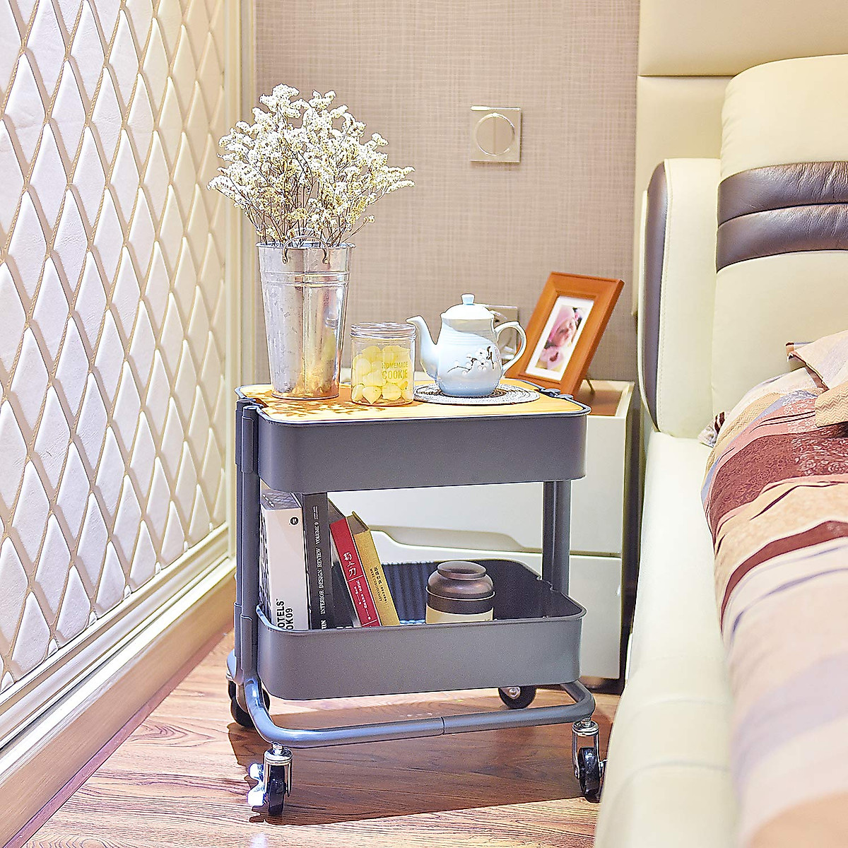 2-Tier Metal Utility Rolling Cart Storage Side End Table with Cover Board for Office Home Kitchen Organization, Dark Gray