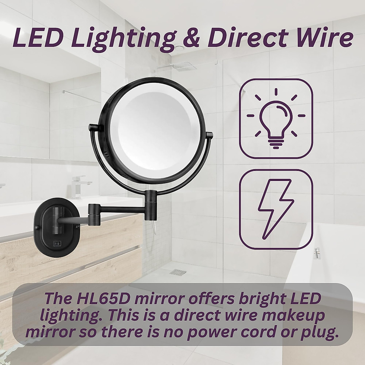 JERDON Wall-Mounted Black Makeup Mirror with LED Lighting - 5X-1X Magnification & 14” Extension - Direct Wire - Model HL65BKD