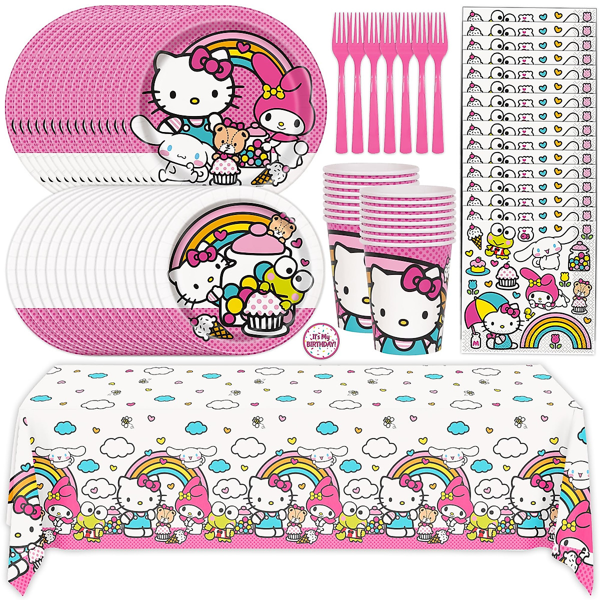 Hello Kitty Birthday Decorations & Party Supplies | Hello Kitty Plates, Cups, Napkins, Tablecloth, Forks, Sticker | Serves 16 Guests | Officially Licensed