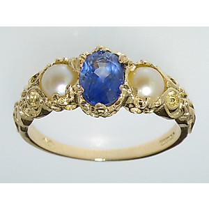 LetsBuyGold 14k Yellow Gold Real Genuine Sapphire and Cultured Pearl Womens Anniversary Ring - Size 8