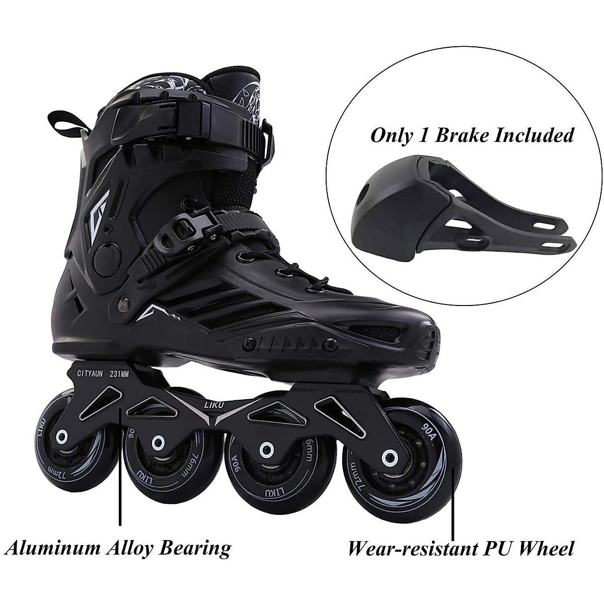 LIKU Black Professional Inline Skates Unisex (Men 11,Women 12)
