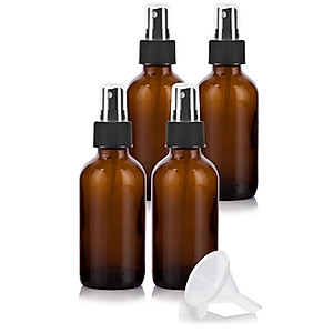 JUVITUS 4 oz Amber Glass Boston Round Bottle with Fine Mist Black Spray (4 pack) + Funnel
