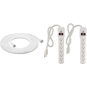 Amazon Basics Extension Cord - 25 feet - US - White & 6-Outlet Surge Protector Power Strip 2-Pack, 200 Joule