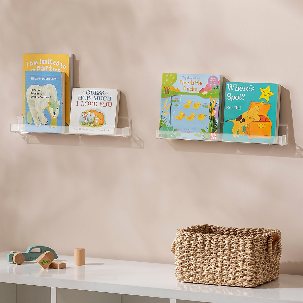 HBlife Clear Acrylic 15 Inch Floating Bookshelf for Kids Room Invisible Wall Mounted Hanging Book Display Shelves Modern Picture Ledge Display Storage Organizer, 6 Pcs