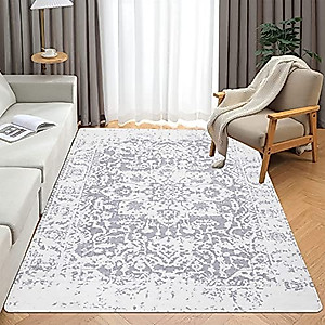 Homcomoda Distressed Area Rug 4x6 Non Slip Washable Vintage Bedroom Rug Faux Wool Throw Mat Low-Pile Area Floor Carpet Mat for Living Room Bedroom Kids' Room Kitchen Laundry Room