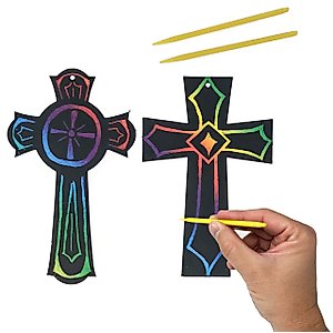 Podzly 50 Scratch Art Cross Ornament Craft Kit - Easter Religious Crafts for Kids, Scratch Art Crosses Church Gifts for Children, Kids Party Favors Arts & Crafts, Magic Color Scratch Art Paper Crosses