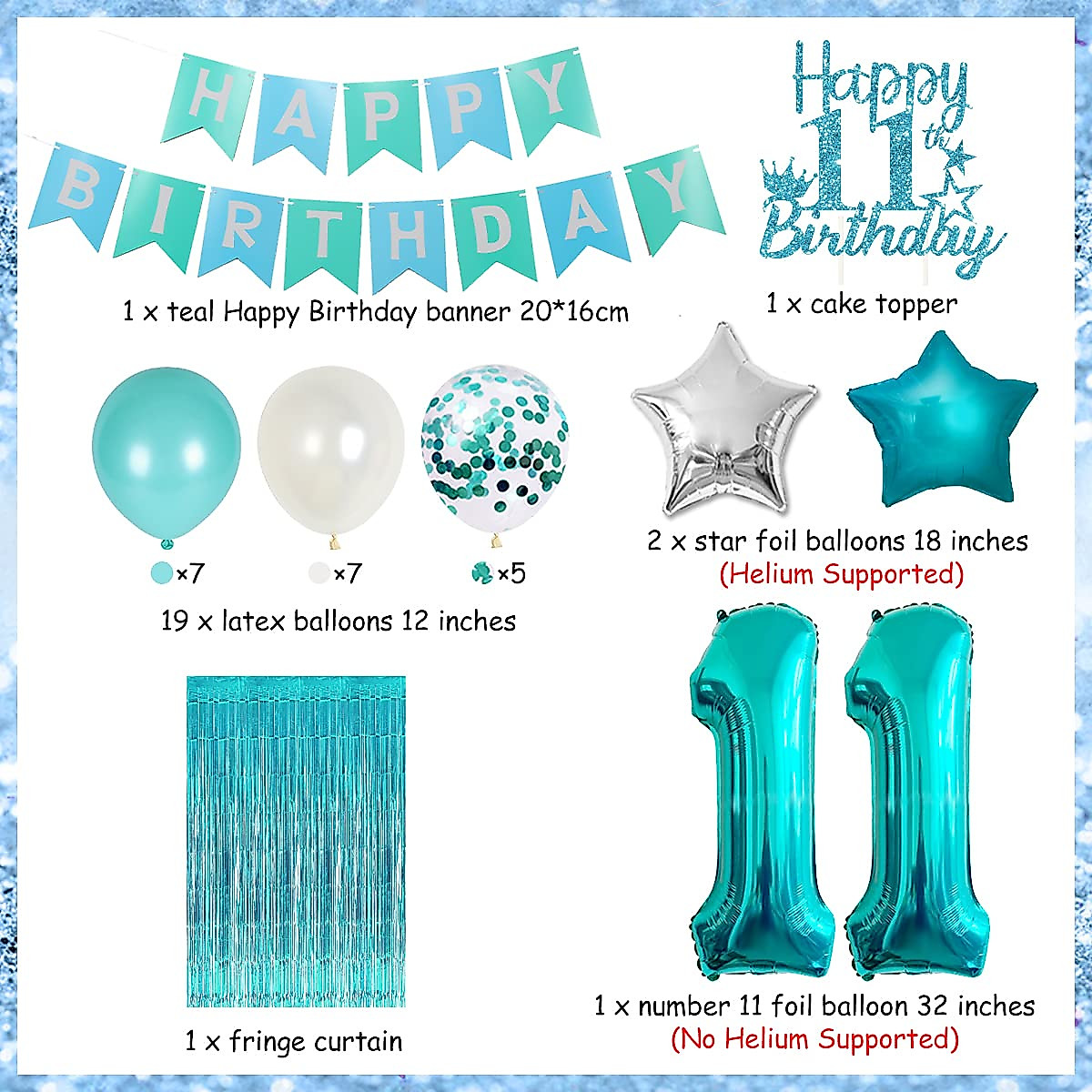 11th Birthday Decorations for Girls Teal - Happy 11th Birthday Decorations Eleventh Birthday Cake Topper Teal Fringe Curtain Turquoise Banner Number 11 Foil Balloon, 11 Year Old Girl Gift Ideas