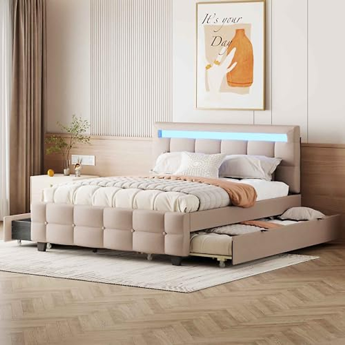 ATY Upholstered Queen Size Bed with Twin-XL Trundle and Two Drawers, Linen Fabric Platform Bedframe w/Lighting& Button Tufted Headboard, Save Space, 86.6" L X 64.6" W X 43.7" H, Beige
