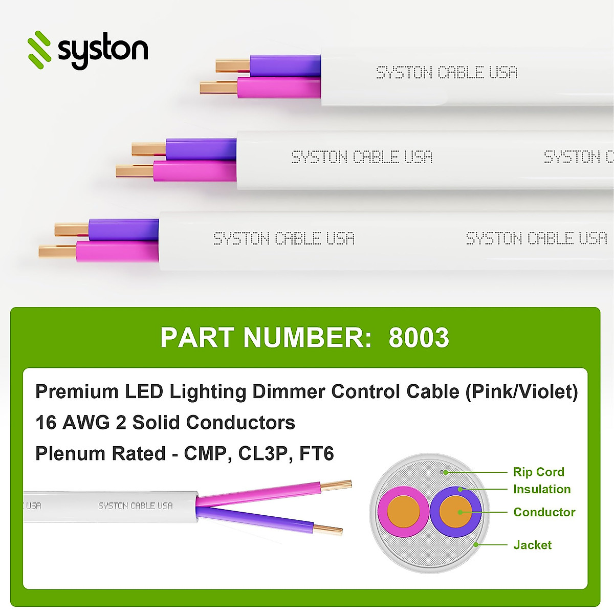 Syston Cable Technology 16/2 LED Lighting Dimmer Dimming Luminaire Control Wire Cable,16 AWG 2 Conductors Solid Bare Copper Unshielded Plenum Rated CMP CL3P FT6, for Ballast Wiring and Connection