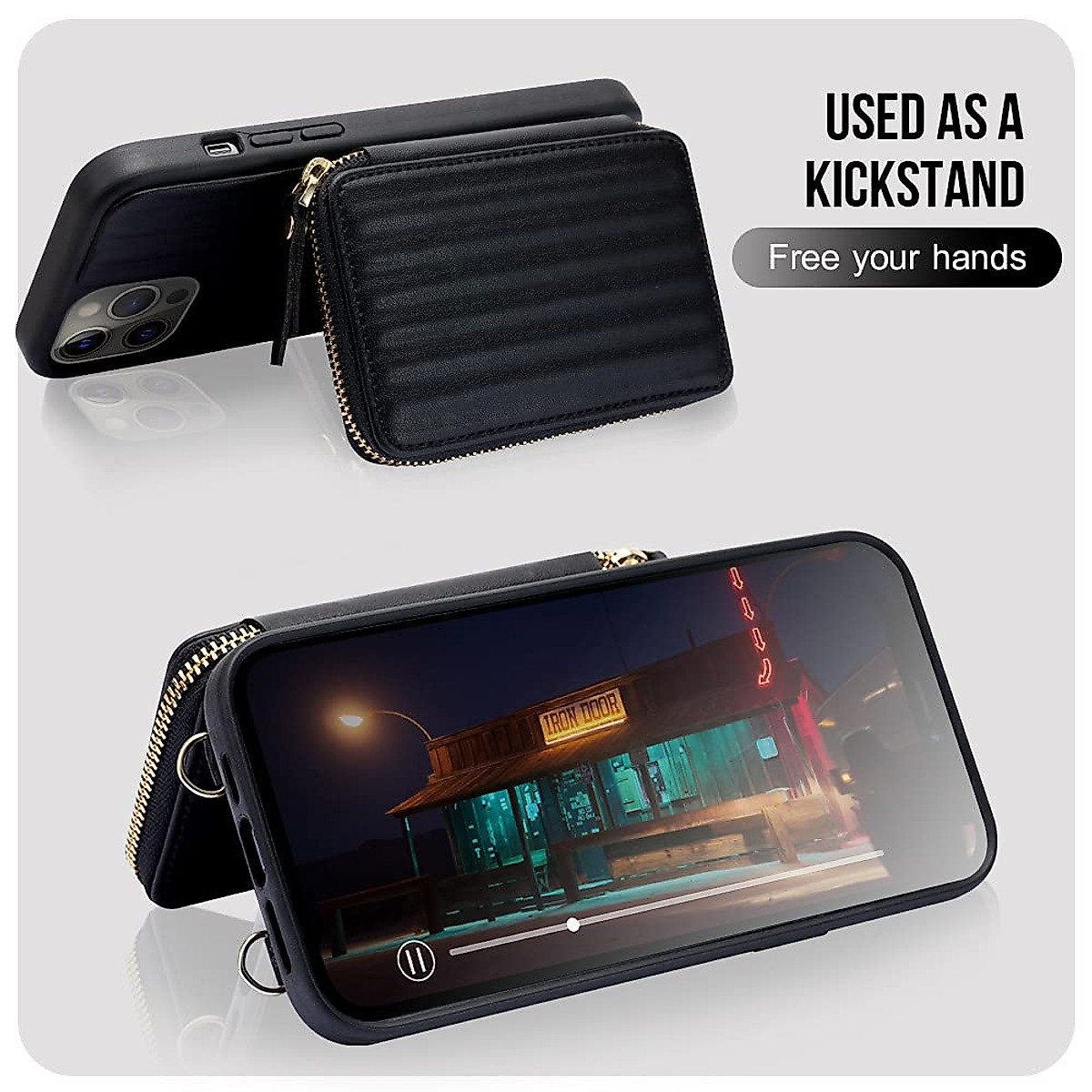 JLFCH for iPhone 12 Pro Max Wallet Case with Crossbody Chain Wrist Strap Card Holder Zipper Purse Compatible with Apple iPhone 12 Pro Max 6.7 inch - Black