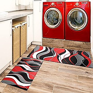 FNLNDO Red and Black Kitchen Rugs and Mats for Floor Anti Fatigue Kitchen Rugs Set of 2 Red Modern Art Non-Skid Washable Kitchen Mats for Kitchen Sink Laundry (Red, 17.5"x29.5"+17.5"x47")