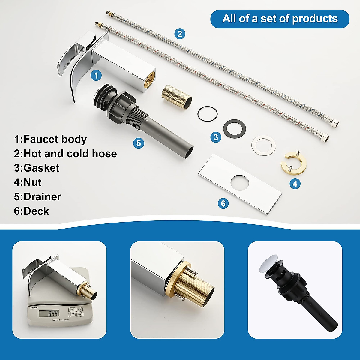 PHICHI Chrome Bathroom Faucet Waterfall Single Handle 1 or 3 Hole Faucet, Commercial Modern Lavatory Tap with Pop-up Drain and Deck Plate