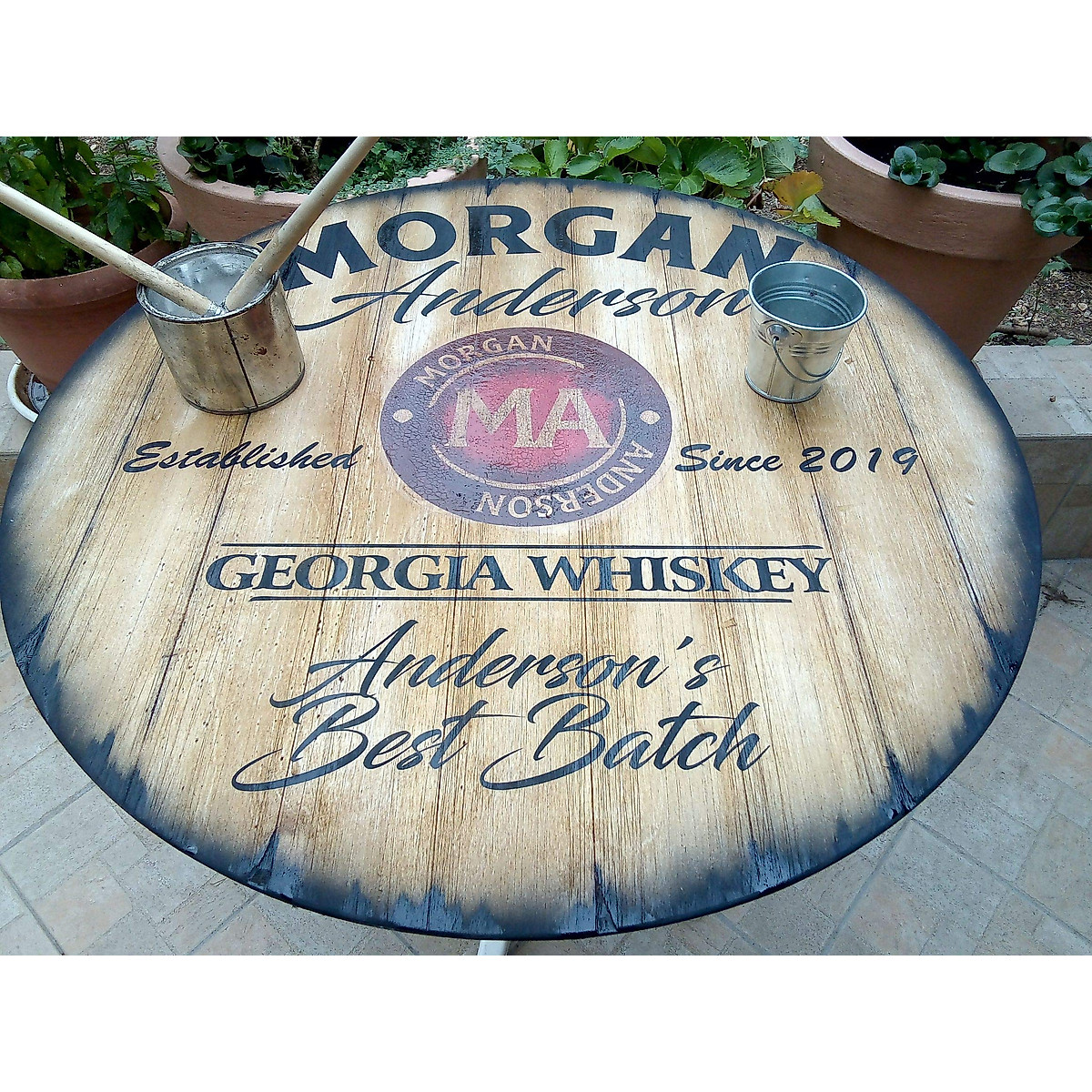 Personalized Table Top Inspired by Old Whiskey & Wine Barrel Lids, Custom Gifts for Men, Rustic Living Room Home Bar Man Cave Wood Furniture, Size 16/20/24/30/36/40/42/46 Inch