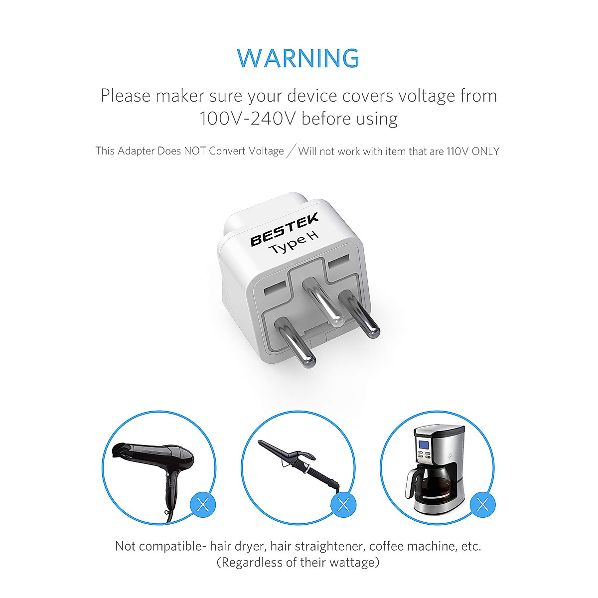 BESTEK Israel Travel Plug Adapter, Grounded Universal Type H Plug Adapter Israel to US Adapter - Ultra Compact for Israel, Palestine and More, 3 Pack