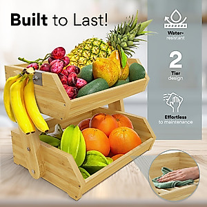 GET SORTED Bamboo 2 Tier Fruit & Vegetable Basket with Banana Hook for Kitchen Counter - Two Tier Countertop Design Perfect For Fruit, Vegetables, Snacks and More!