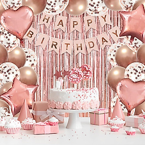 RUBFAC 50th Birthday Decorations for Women, Rose Gold 50 Birthday Party Decoration for Her, Happy 50th Birthday Banner,Fringe Curtain, Sash, Cake Topper And Number Balloon