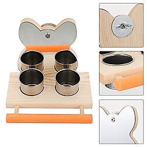 Parrot Mirror with Water Food Bowl Wood Holder Cage Accessory Feeding Bowl Parakeet Toys