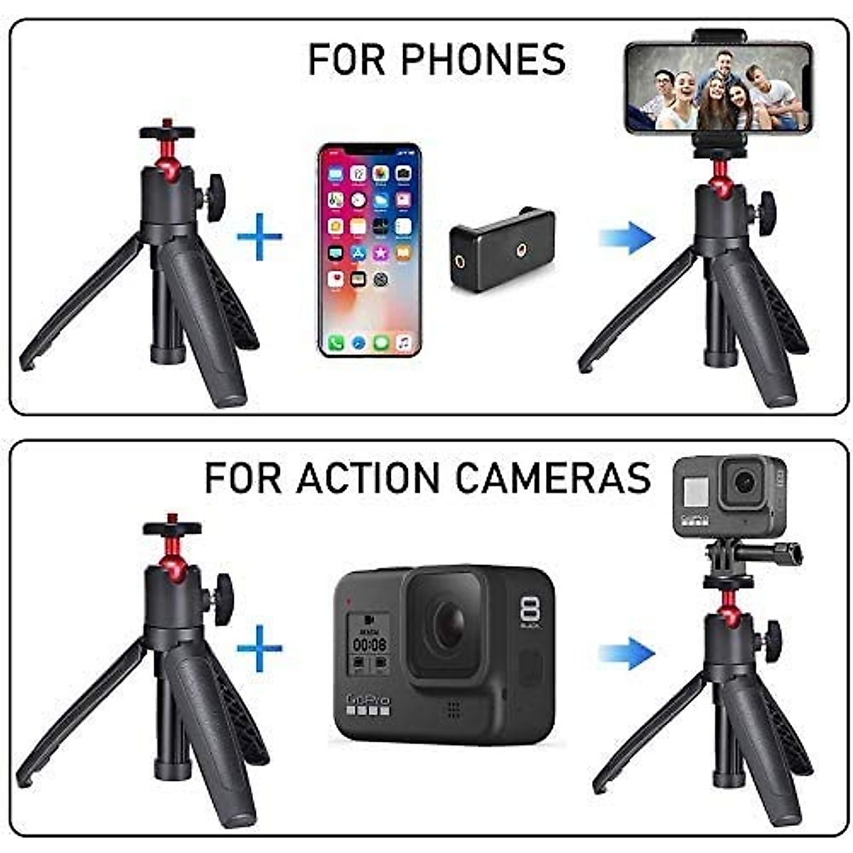 Extendable Mini Selfie Stick Tripod 2 in 1, Compatible with GoPro Max Hero AKASO Action Camera, Portable Handle Vlog Tripod for All Action Cameras and Smart Phone