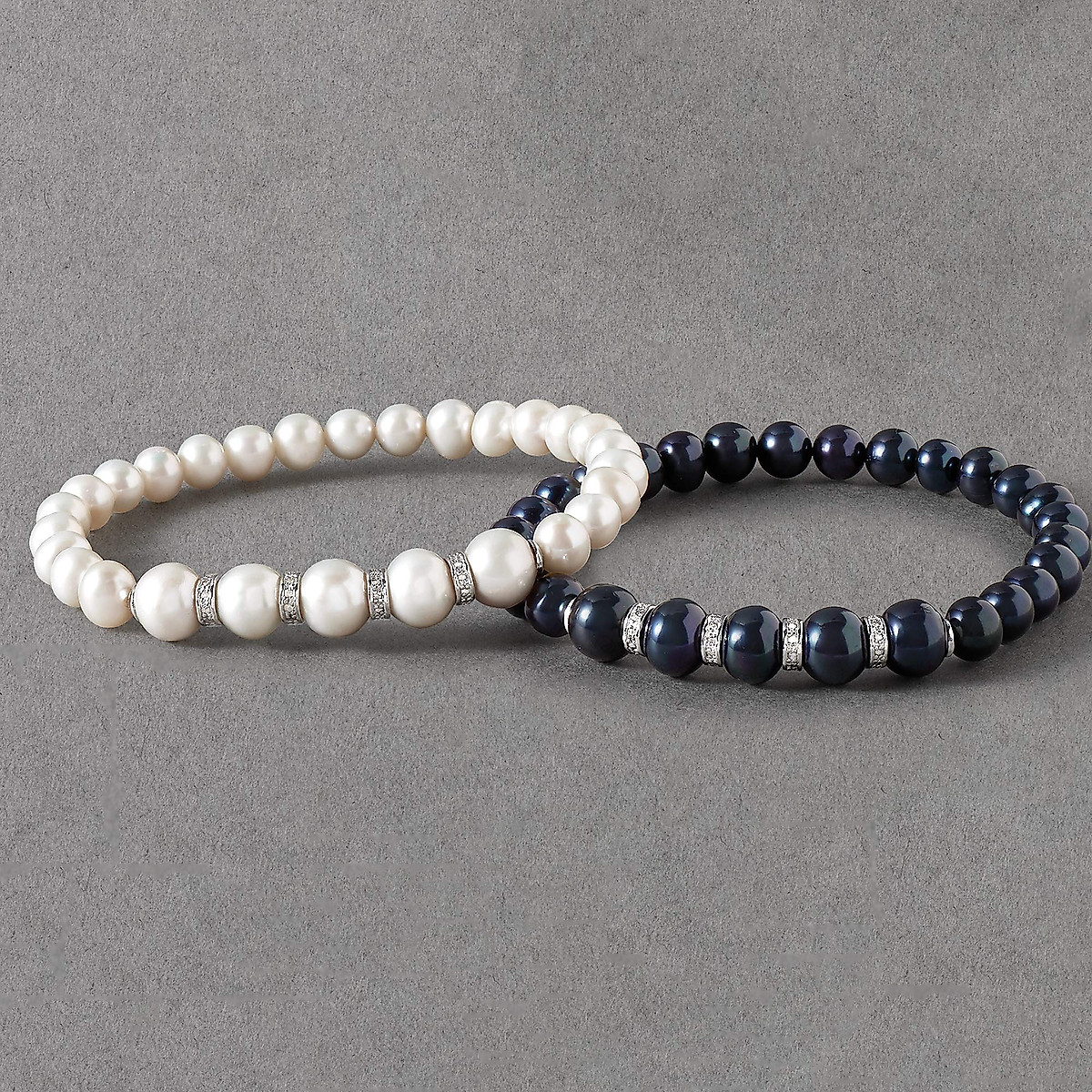 Ross-Simons 6-8.5mm Black Cultured Pearl and .25 ct. t.w. Diamond Stretch Bracelet With Sterling Silver. 7 inches