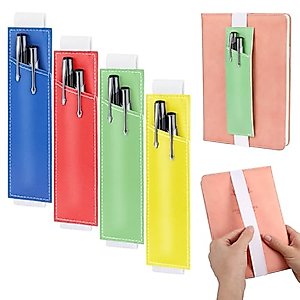 Jspupifip 4 Pieces Adjustable Elastic Pen Holder, Pen Holder for Notebook, Elastic Band Pencil Pouch, Detachable Pu Leather Pen Sleeve for Hardcover Journals, Notebooks(Red, Blue, Yellow, Green)