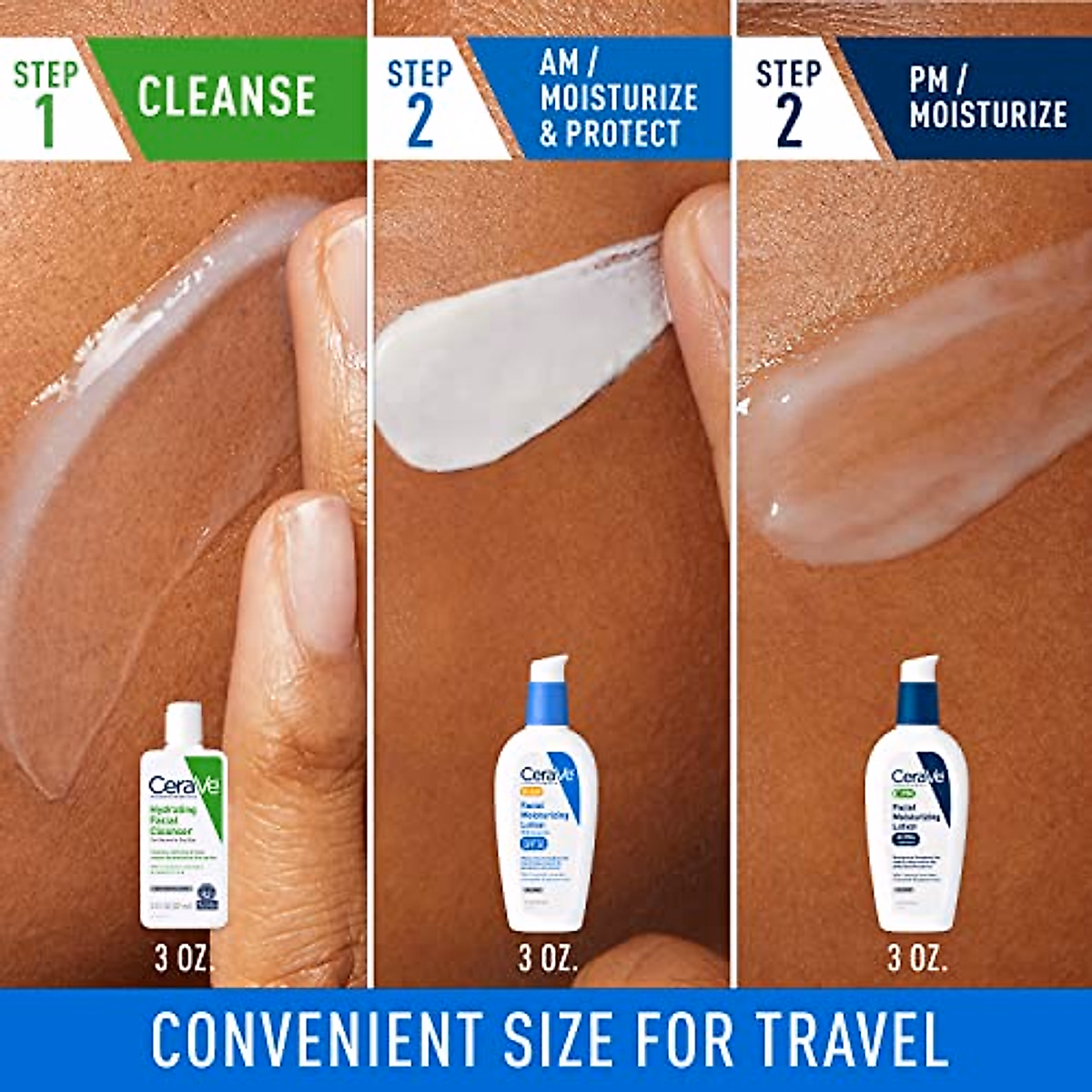 CeraVe AM Face Moisturizer with SPF, PM Face Moisturizer & Hydrating Face Wash Skin Care Set| Travel Size Toiletries | Skin Care Routine for Morning & Night | 3oz Lotion + 3oz Lotion + 3oz Cleanser