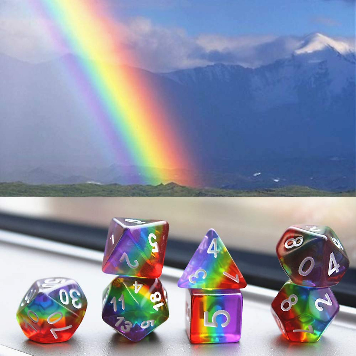 HD Polyhedral DND Dice Set RPG Rainbow Dice for Dungeons and Dragons(D&D) Role Playing Game,MTG,Pathfinder,Table Game,Math Games Dice Set with Dice Pouch