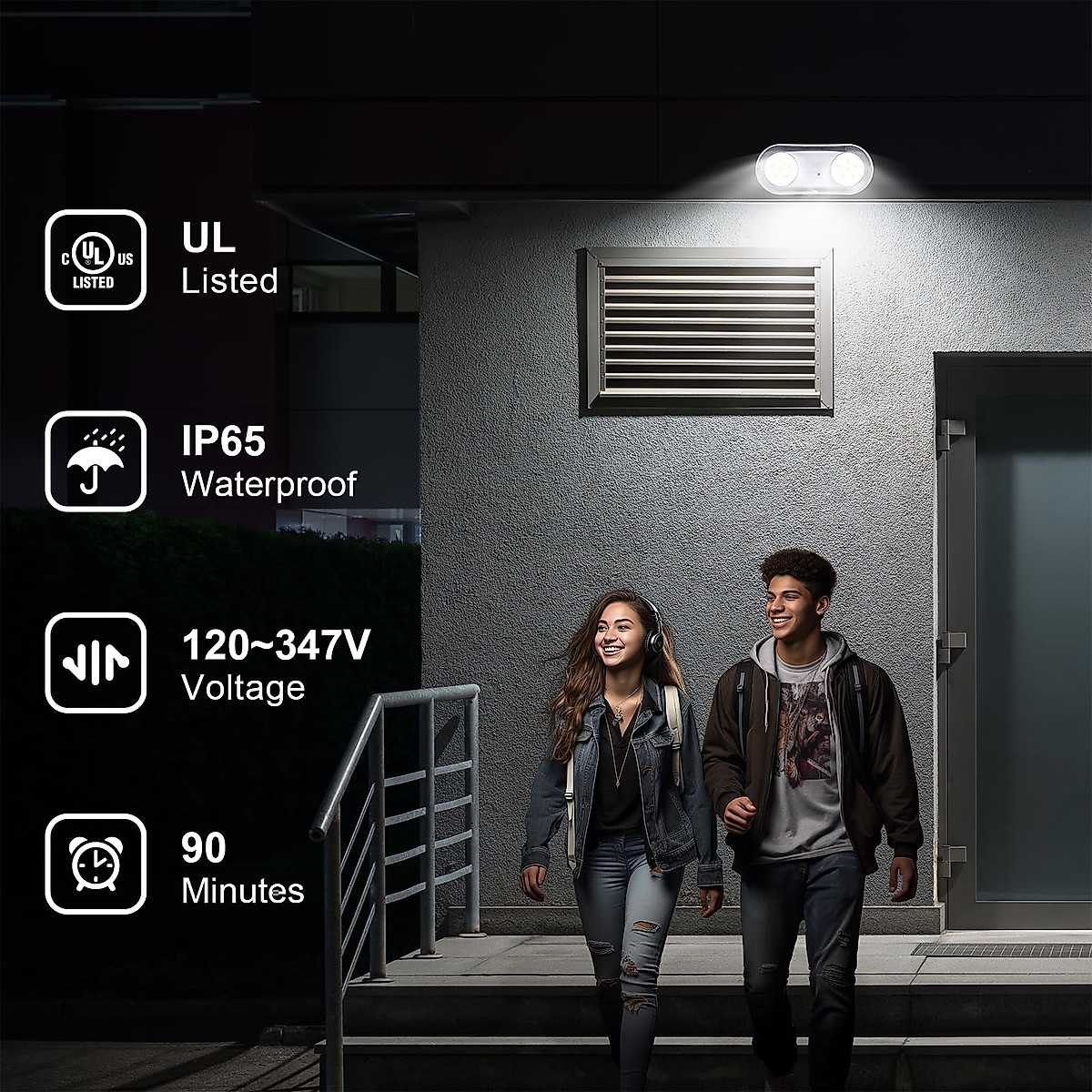 Outdoor Emergency Light with Battery Backup, Exterior Emergency Exit Lights Hardwired, Wet Location LED Egress Lights, Waterproof Commercial Emergency Lighting Fixture, 120-347V, UL Listed(2 Pack)