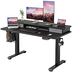 CubiCubi Electric Standing Desk with Double Drawers, 48x24 Inch Height Adjustable Sit Stand Desk with Storage Shelf, Home Office Computer Workstation, Black
