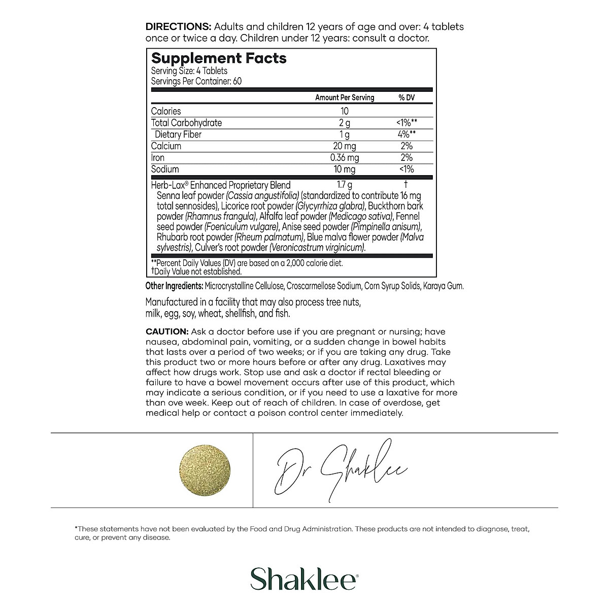 Shaklee - Herb-Lax® Gentle Laxative - Herbal Blend with Senna Leaf for Digestive Health & Regularity - Occasional Constipation Support- Enhanced Proprietary Formula - 240 Tablets