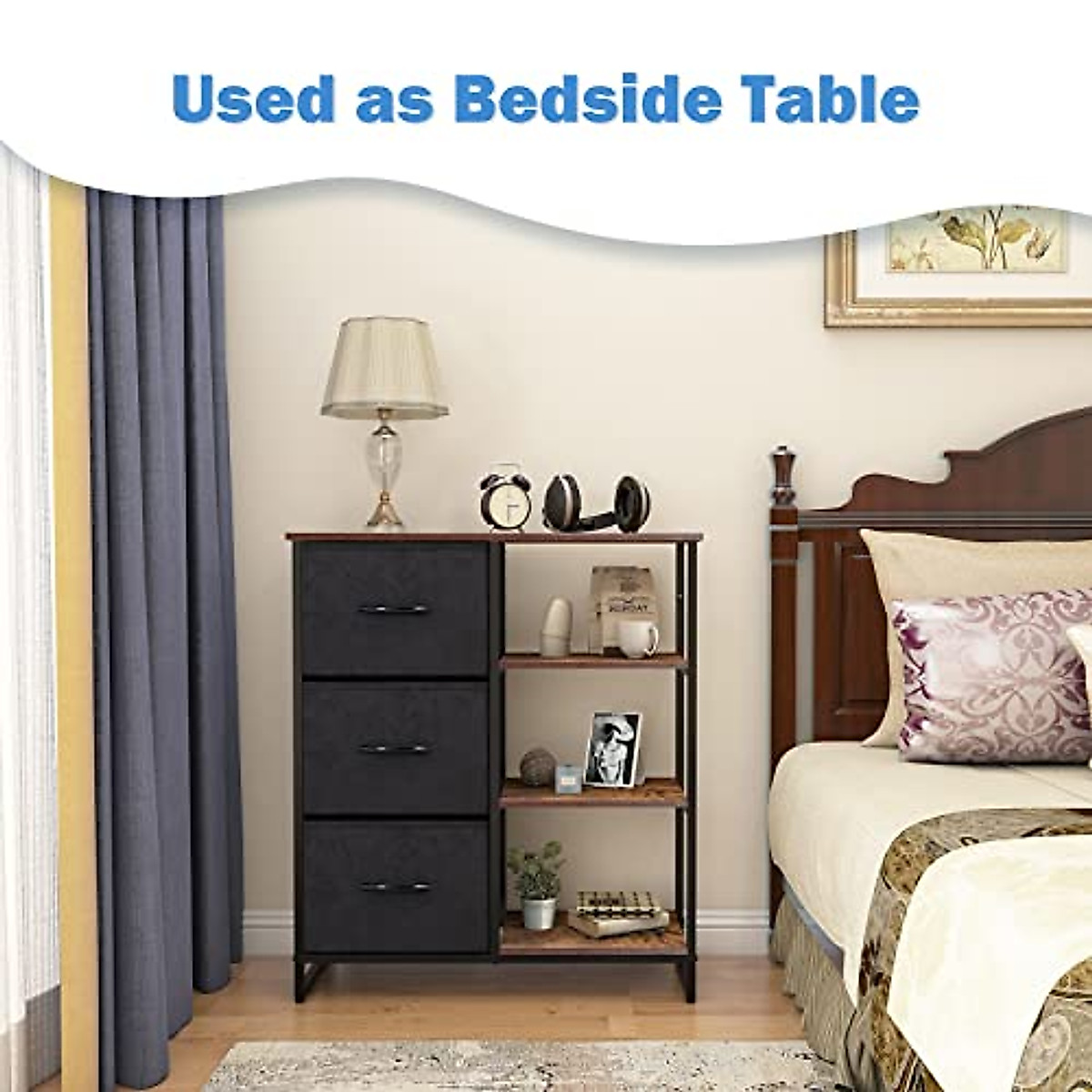 LYNCOHOME 3 Drawer Dresser with Shelves, Storage Cabinet with Drawers, Storage Shelves Nightstands for Bedroom, Livingroom, Office(Right Shelf)