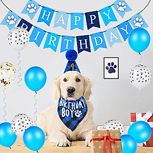 18 Pieces Dog Birthday Party Supplies, Pet Birthday Boy Bandana Dog Birthday Bandana Balloon Banner Pet Birthday Hat with 0-8 Figures Touch Ink Pad and Imprint Cards Dog Birthday Party Decorations