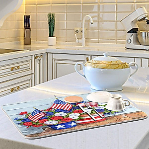 American Flag Spring Summer Flower Poppy Dish Drying Mat 18x24 for Kitchen Memorial Independence Day 4th of July USA Flag Dishes Pad Dish Drainer Rack Mats Absorbent Fast Dry Kitchen Accessories