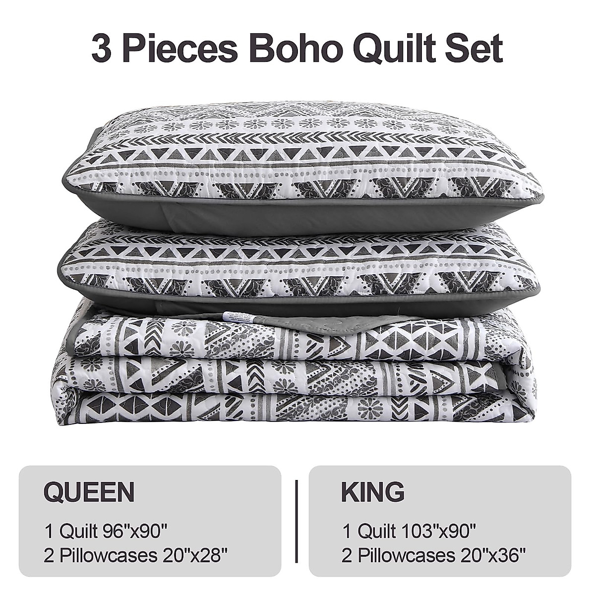 DJY Boho Quilt Set King Size, 3 Pieces Grey White Striped Geometric Bedspread Coverlet Set with 2 Pillowcases Soft Lightweight Microfiber Bohemian Quilt Bedding Set for All Season 103"x90"