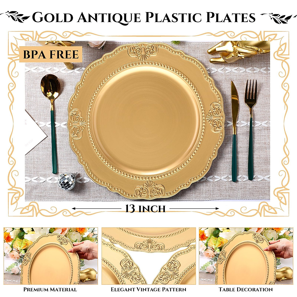 Nuanchu 18 Pack Gold Charger Plates 13 Inch Scalloped Dinner Plates with Bead Rim Embossed Plastic Chargers for Dining, Wedding, Banquets, Party, Event, Anniversary, Holidays Decoration
