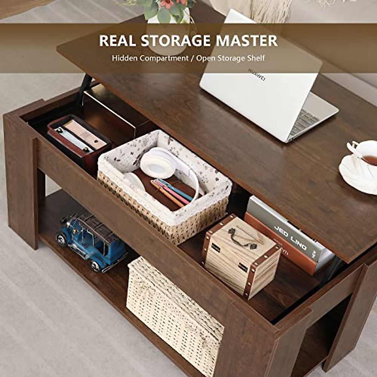 WEENFON 38" Lift Top Coffee Table with Hidden Compartment & Open Storage Shelf, Pop Up Coffee Table for Living Room, Office, Espresso