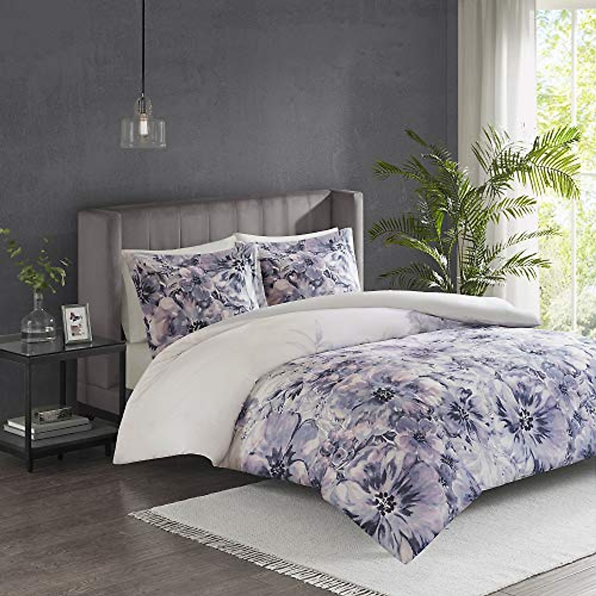 Madison Park Enza 100% Cotton Duvet Beautiful Floral Design All Season, Breathable Comforter Cover Bedding Set, Matching Shams, Full/Queen(90"x90"), Purple 3 Piece