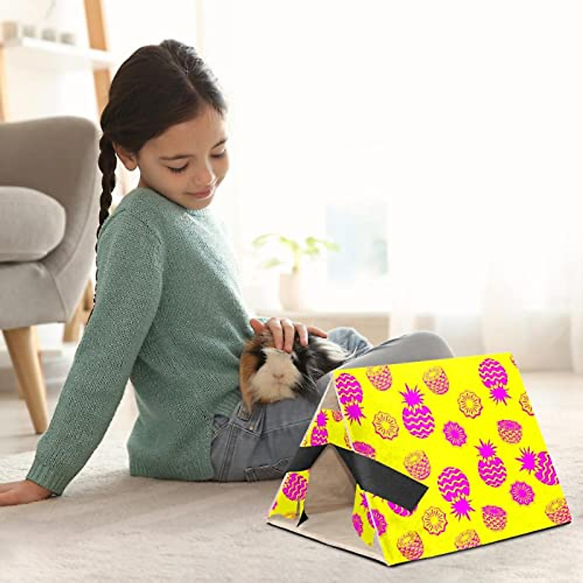 Guinea Pig House Bed, Rabbit Large Hideout, Small Animals Nest Hamster Cage Habitats Pink Pineapple Yellow