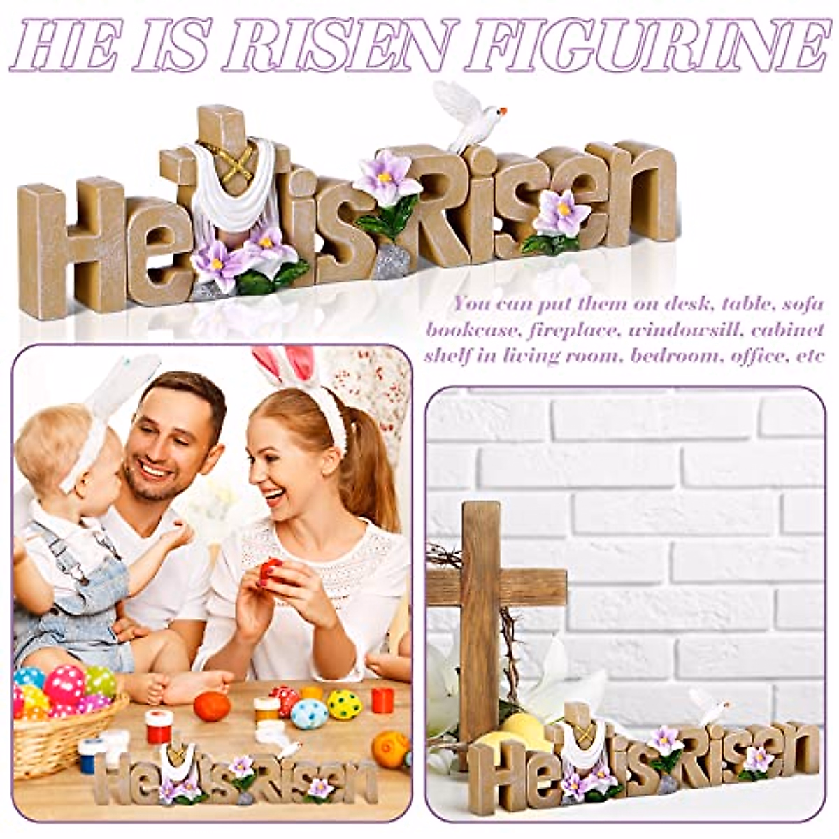 He is Risen Table Top Decoration Easter Resin Table Sign Cross Dove Flowers Easter Table Decor Easter Centerpieces for Tables Rustic Table Top Easter Decorations for Home Dining Room Spring Decor