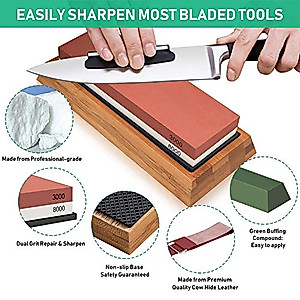 Knife Sharpening Stone Set, G-TING 400/1000 and 3000/8000 Grit Whetstone Knife Sharpener Kit with Leather Razor Strop, Leather Honing Strop, Polishing Compound, Bamboo Base and Flattening Stone