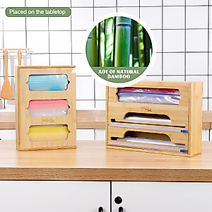 Homde Ziplock Bag Organizer Bamboo, Foil and Plastic Wrap Organizer with Cutter for Kitchen Drawer, Plastic Bag Storage for Gallon,Quart,Sandwich,Snack