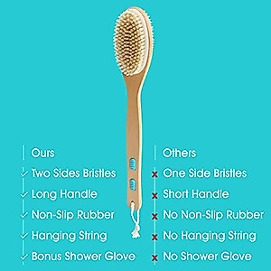 FREEDOM GOODS Back Scrubber for Shower (Dual Sided), Long Handled Shower Brush, Dry Brushing Body Brush (Hard and Soft Bristles), Body Scrubber Shower and Bath Brush with Exfoliating Glove Men Women
