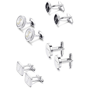 LOYALLOOK 4Pairs Men's Initial J Letter Shirts Cufflinks Engraved Shirt Cufflink Alphabet Set Fashion Dazzle Tuxedo Cufflinks Business Wedding Father's DayGift