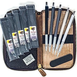 Premium Metal Drawing Mechanical Pencils for Sketching in Leather Pencil Case, 2mm Lead Refills, Kneaded Eraser for Artists, Designers and Drafting